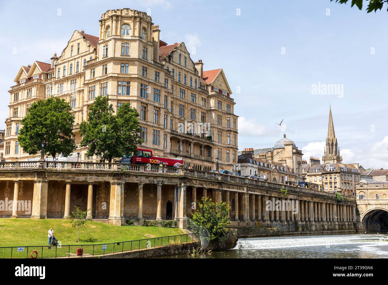 The Empire Hotel (L), Pulteney Bridge & Weir, with the spire of St ...