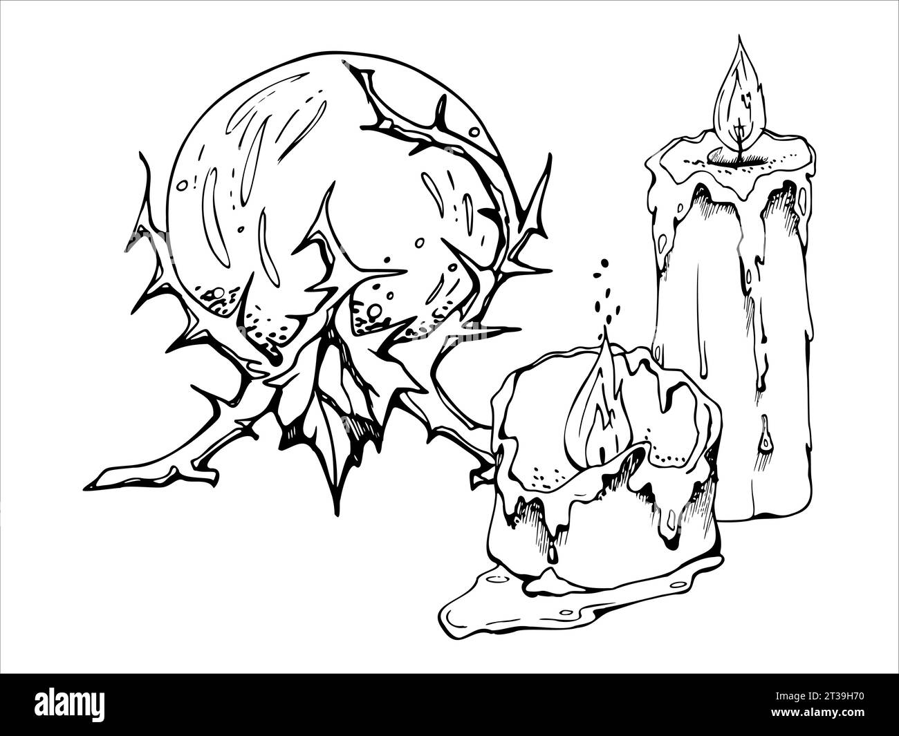 Hand drawn ink vector witch wax candles, magic crystal ball. Sketch ...