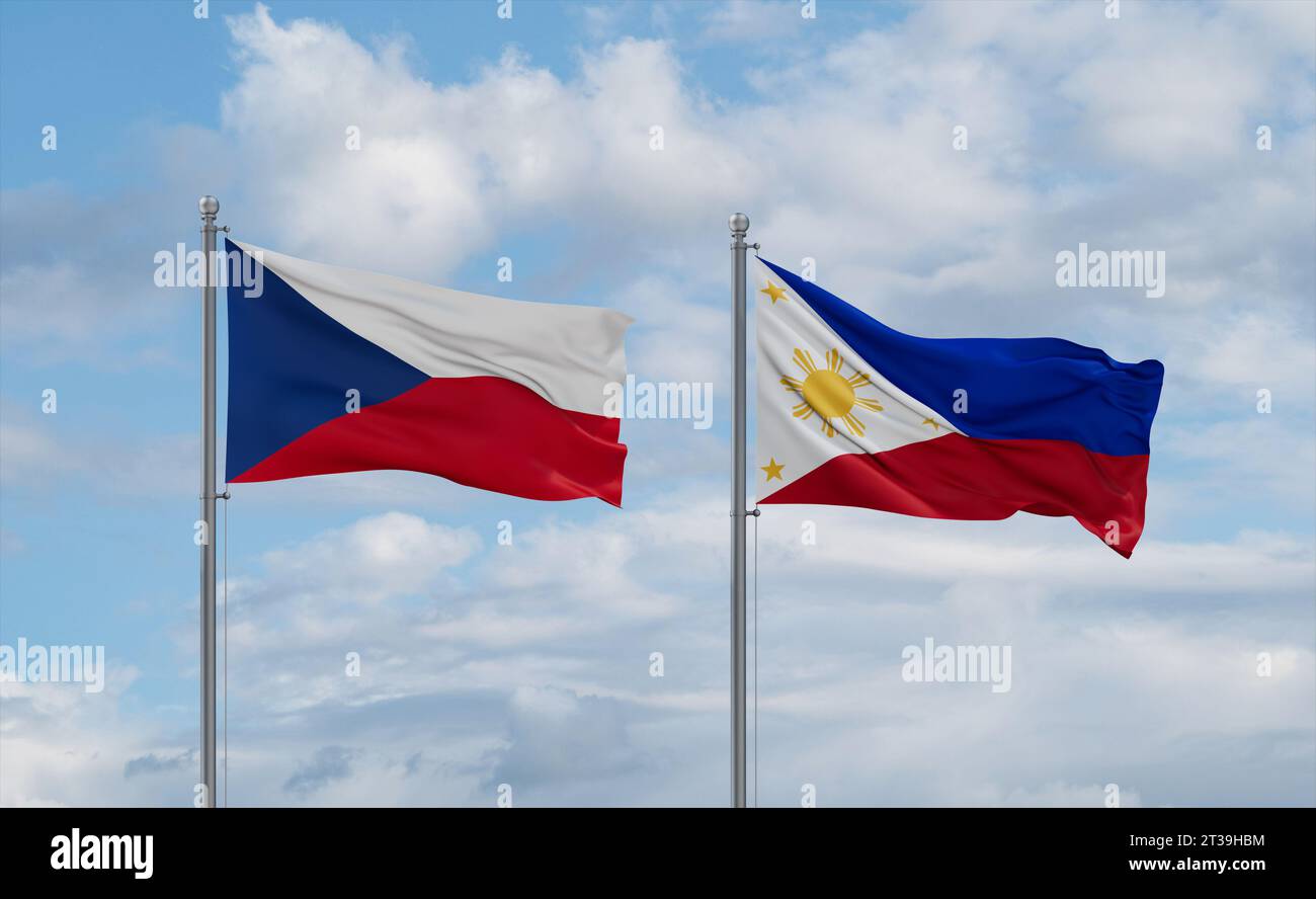 Philippines and Czech flags waving together in the wind on blue cloudy ...