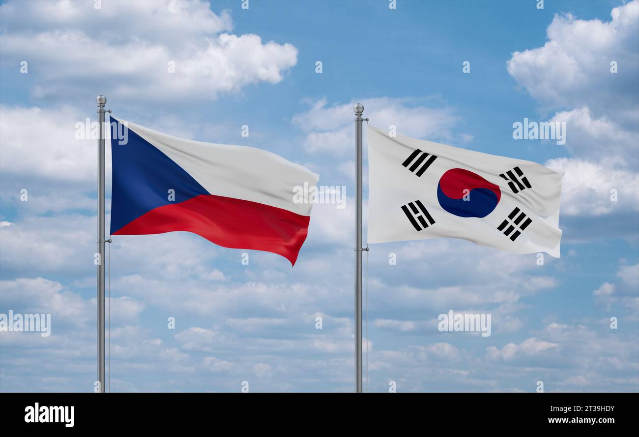 South Korea or Republic of Korea or ROK and Czech flags waving together ...
