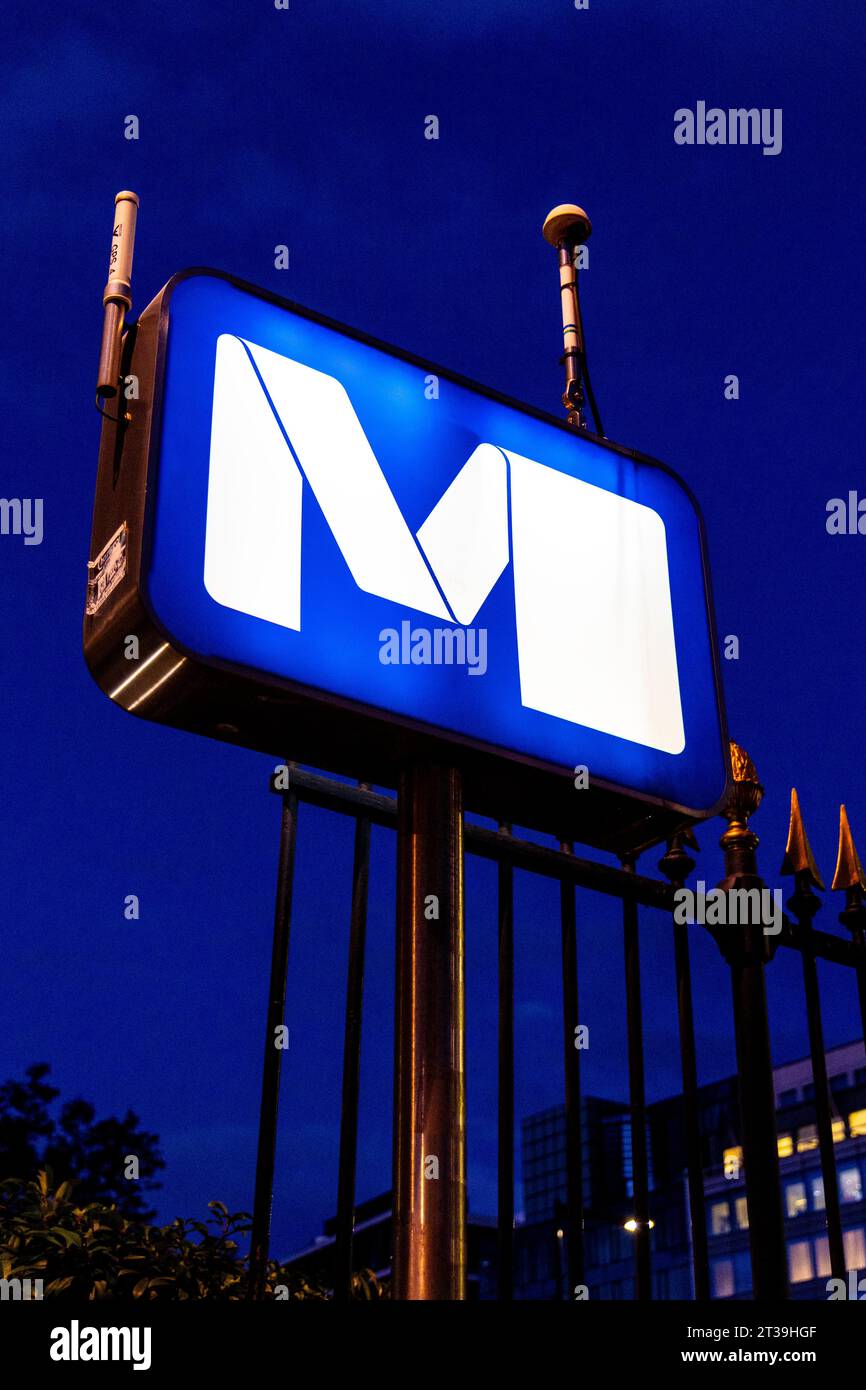 Lit up metro sign at night time, Brussels, Nelgium Stock Photo - Alamy