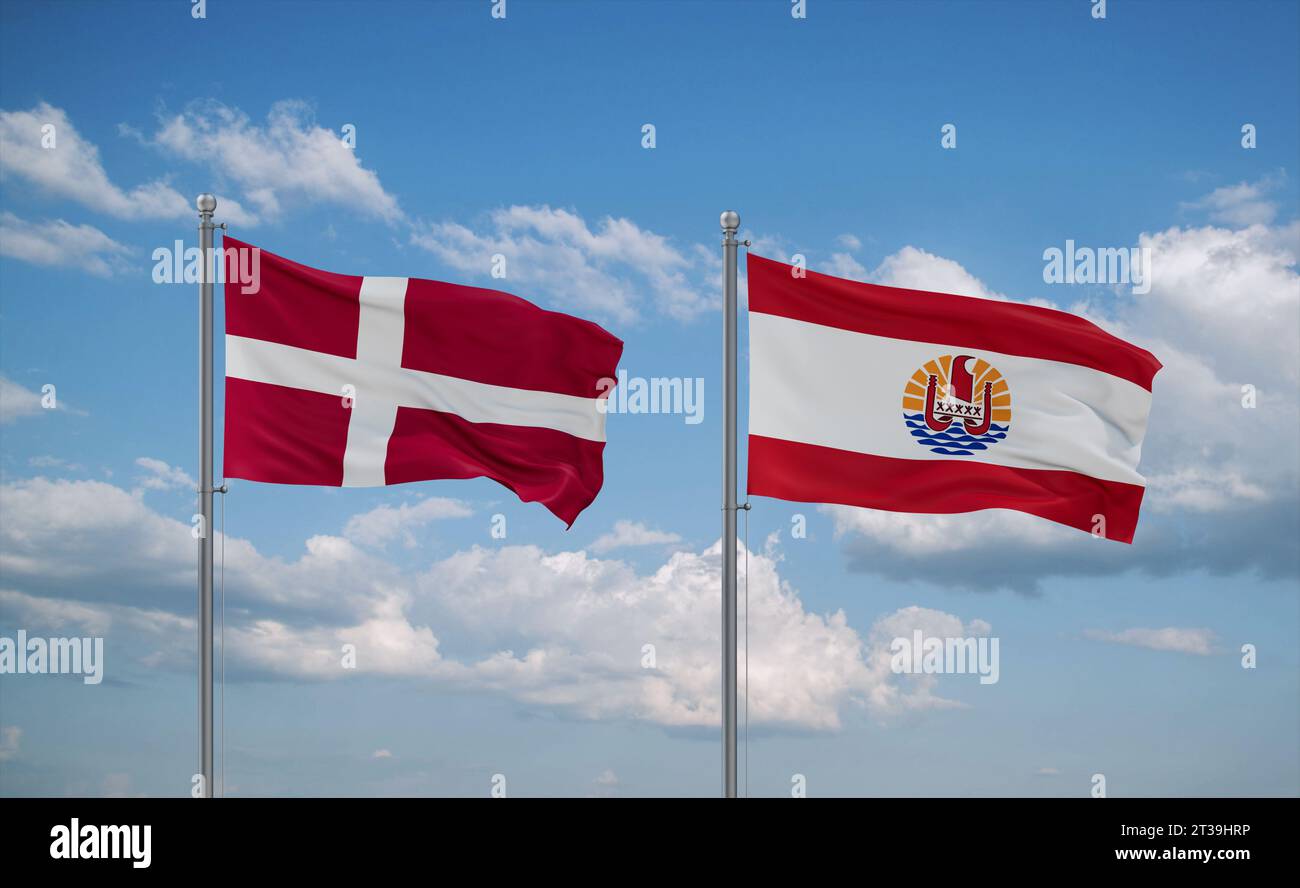 Denmark and French Polynesia flags waving together on blue cloudy sky ...