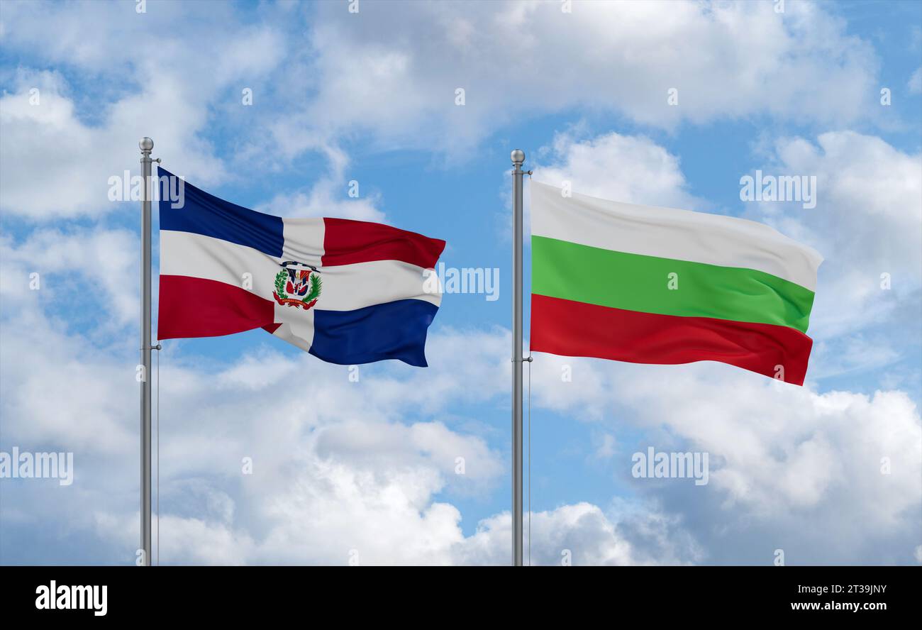 Bulgaria and Dominican flags waving together on blue cloudy sky, two country relationship ...