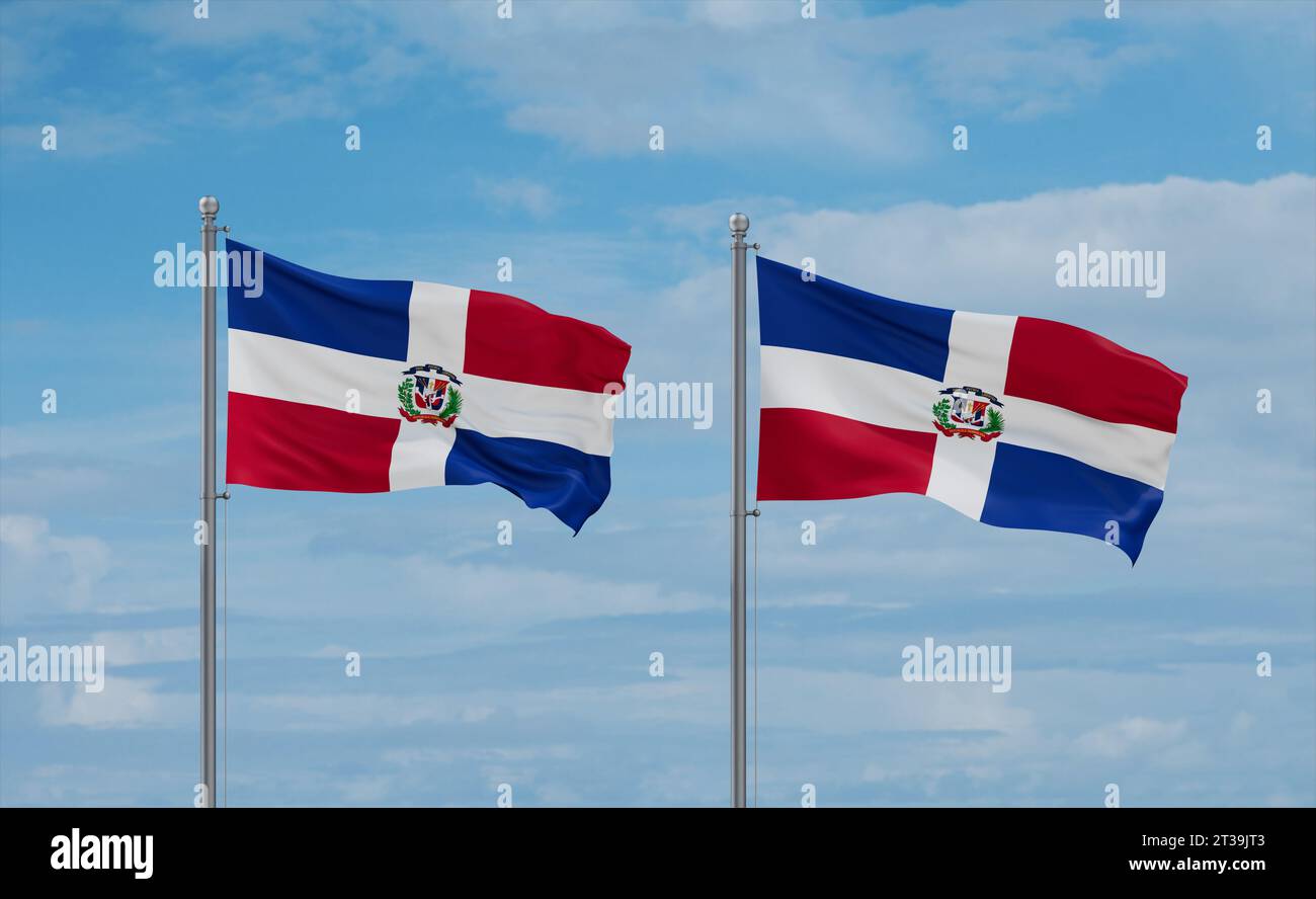 Two Dominican Republic flags waving together on blue cloudy sky, two ...