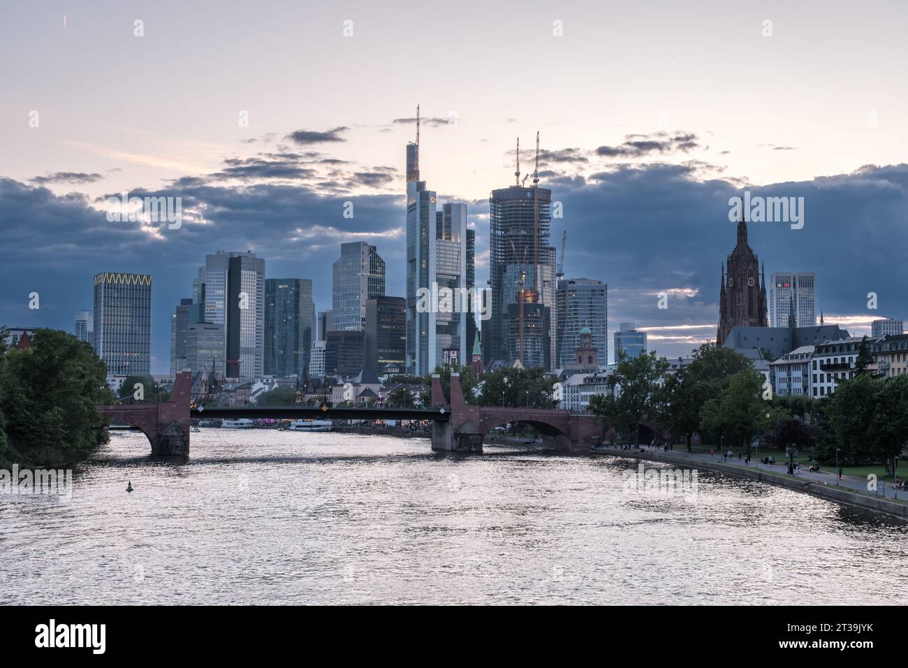 Wide view of Frankfurt skyline on a summer evening taken from Ignatz ...