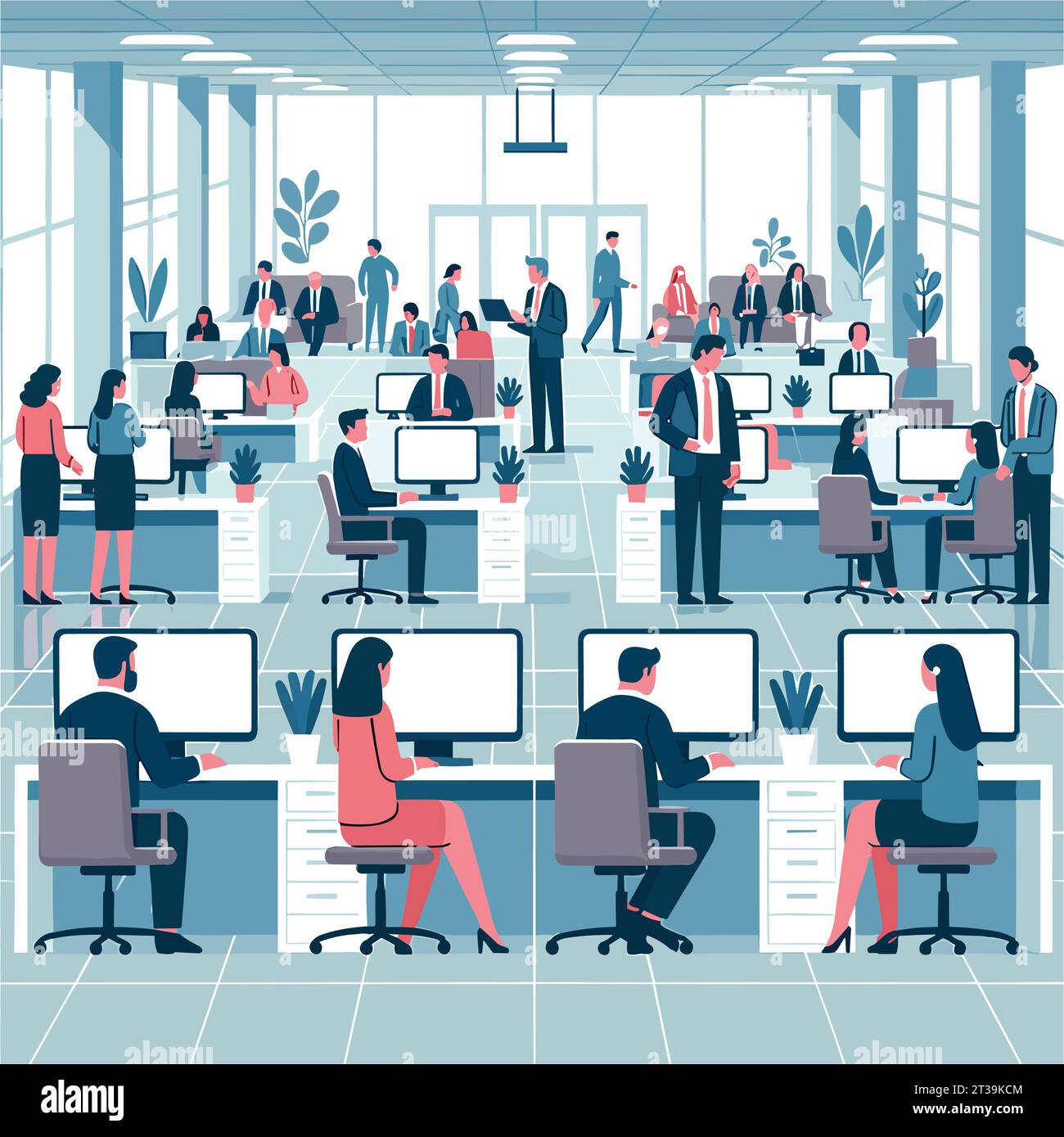 A vibrant corporate office scene with employees engaged in various ...