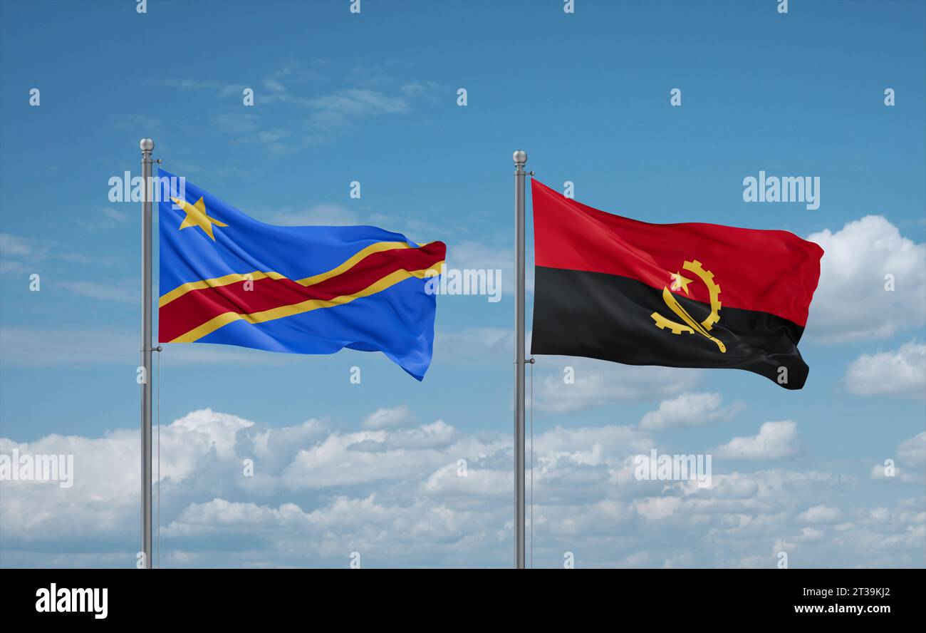 Congo or Congo-Kinshasa and Angola flags waving together in the wind on ...