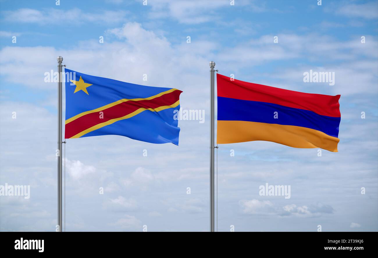 Armenia and Congo or Congo-Kinshasa flags waving together in the wind ...