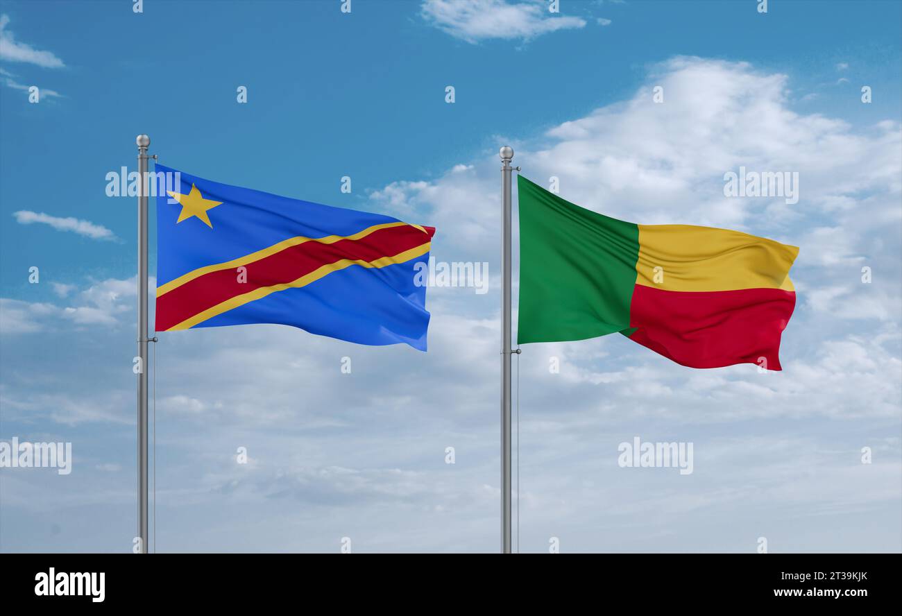 Benin and Congo or Congo-Kinshasa flags waving together on blue cloudy ...