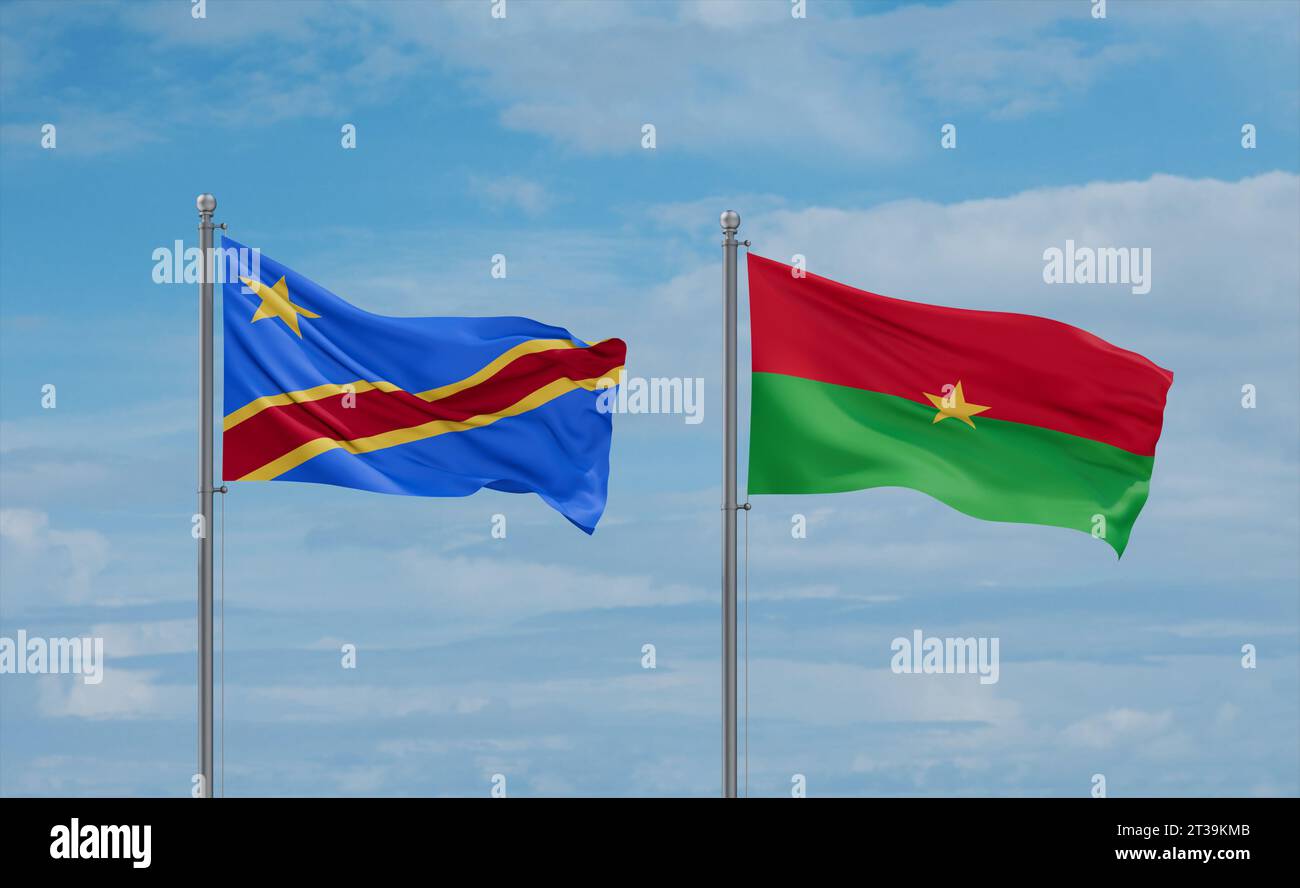 Burkina Faso and Congo or Congo-Kinshasa flags waving together on blue ...