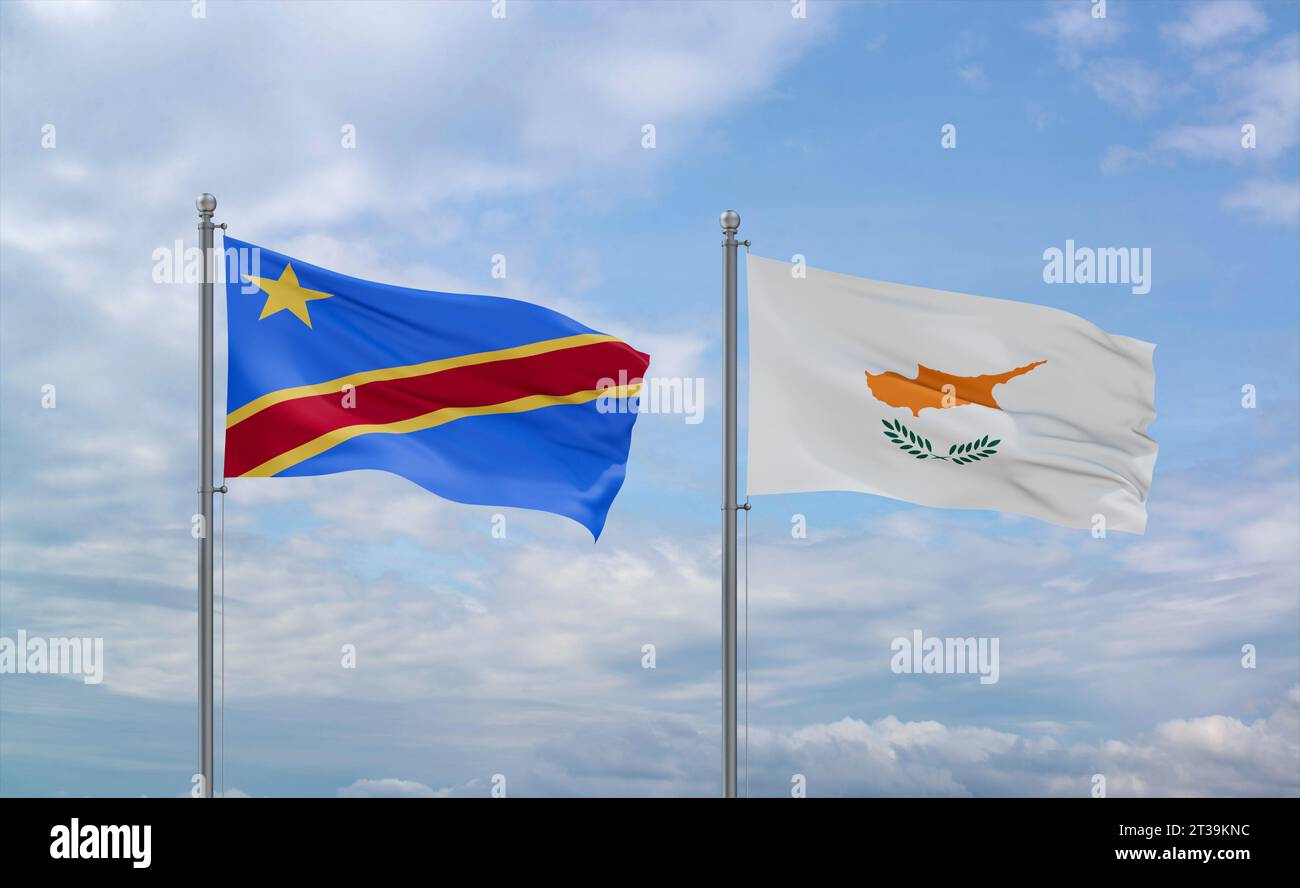 Cyprus and Congo or Congo-Kinshasa flags waving together on blue cloudy ...