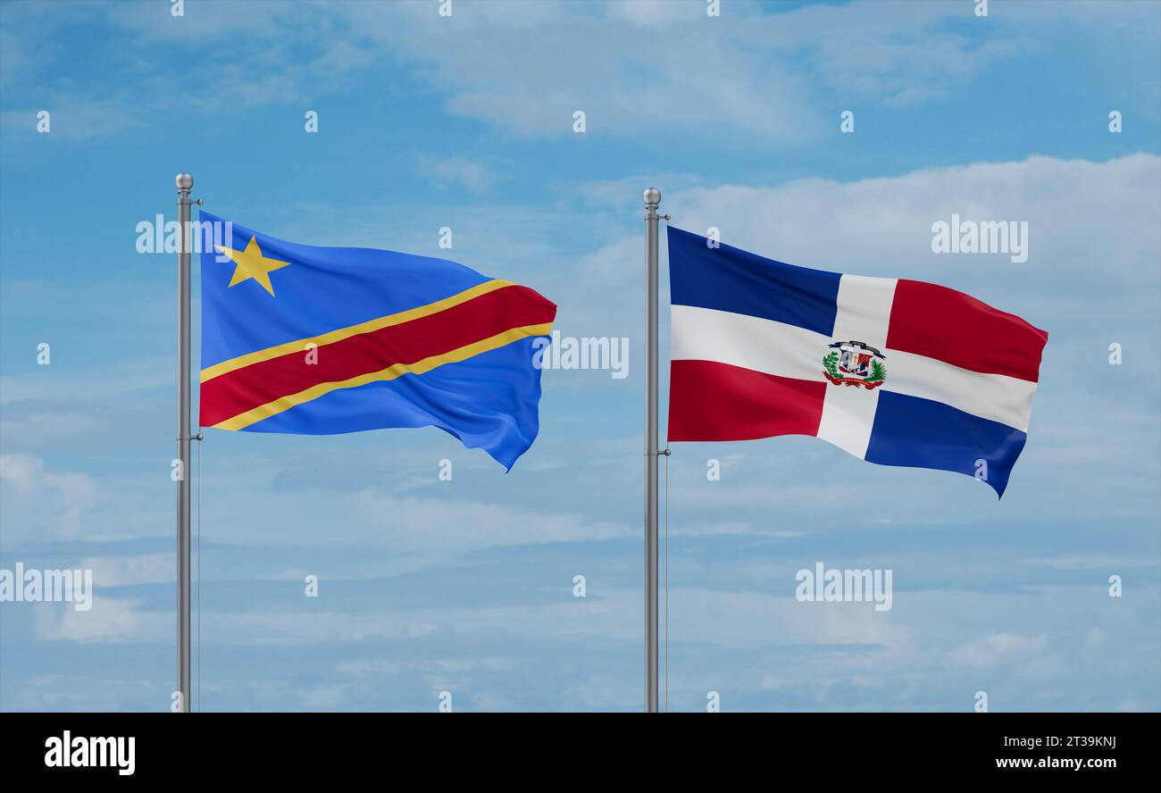 Dominican Republic and Congo or Congo-Kinshasa flags waving together on ...