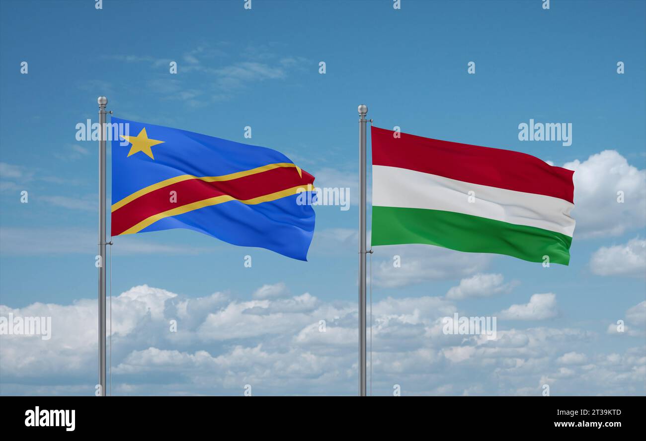 Hungary and Congo or Congo-Kinshasa flags waving together on blue ...