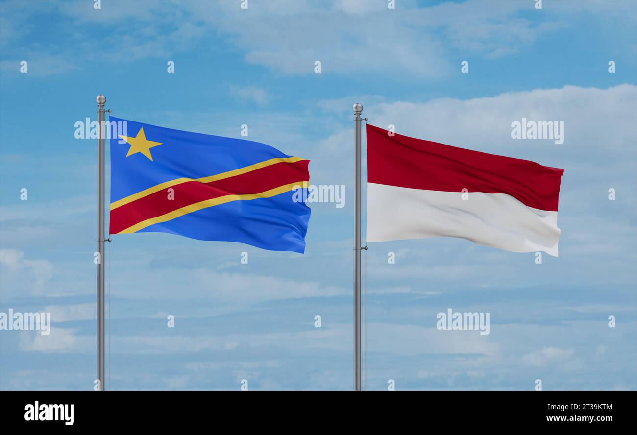Indonesia and Congo or Congo-Kinshasa flags waving together on blue ...