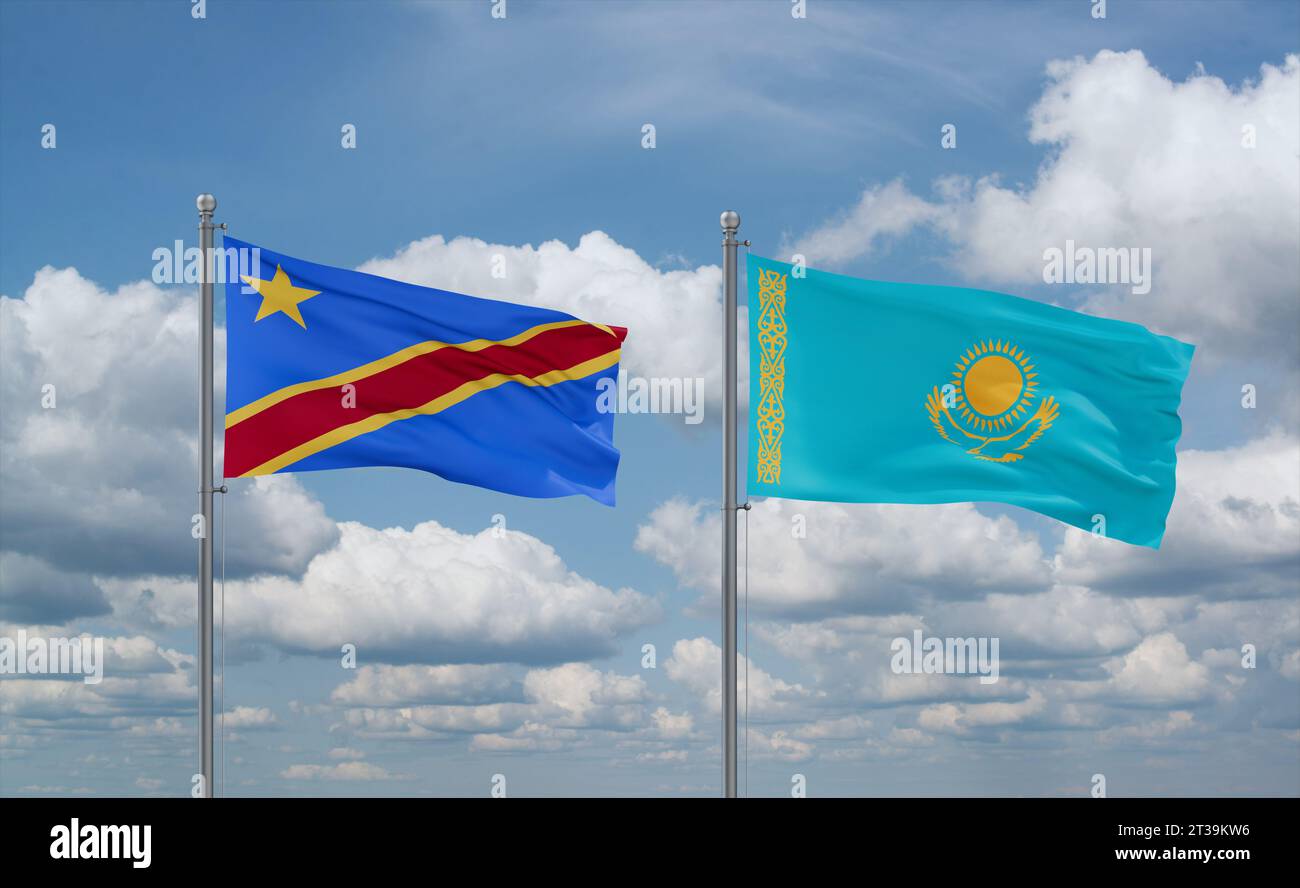 Kazakhstan and Congo or Congo-Kinshasa flags waving together in the ...