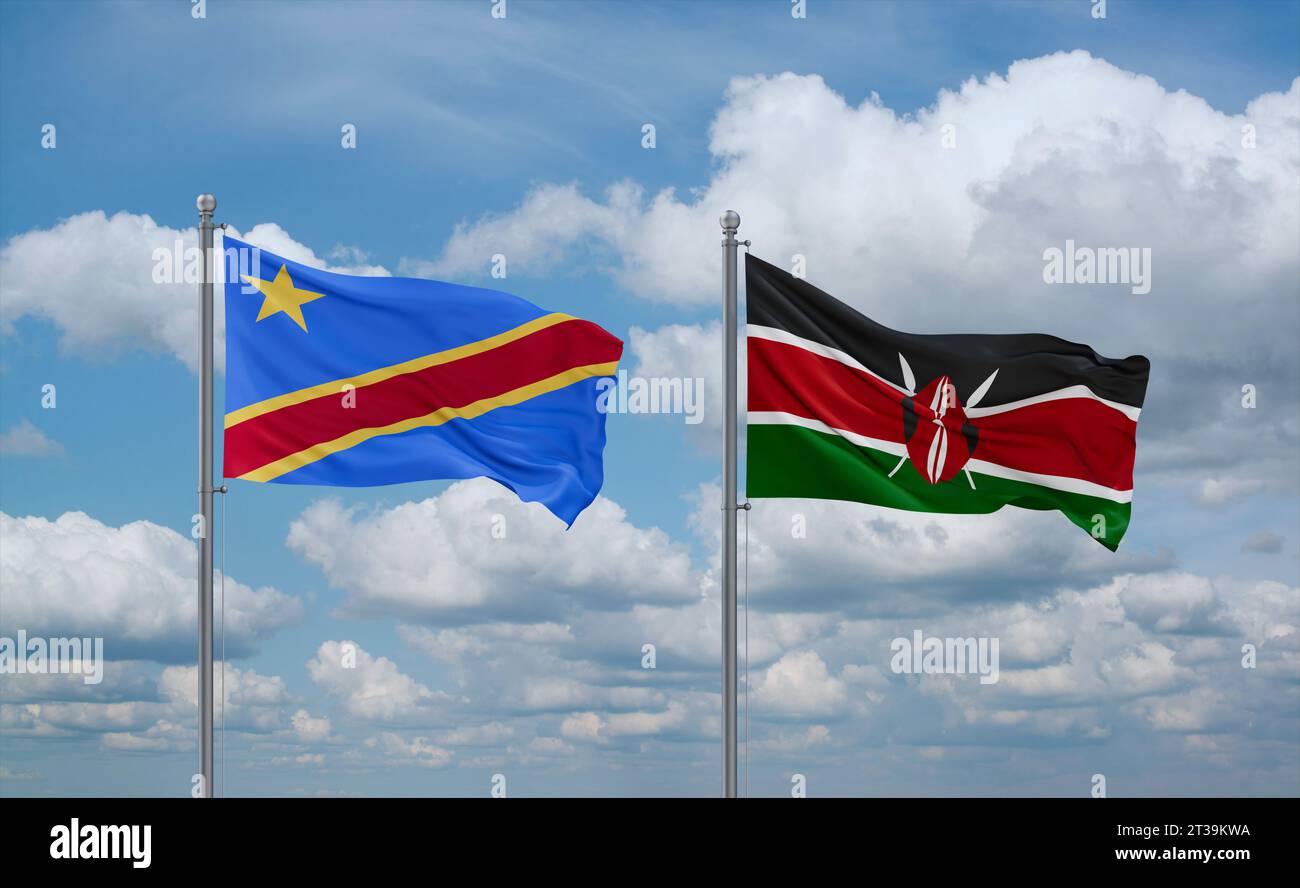 Kenya and Congo or Congo-Kinshasa flags waving together on blue cloudy ...