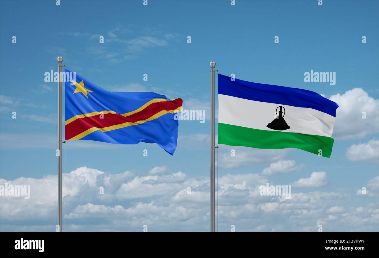 Lesotho and Congo or Congo-Kinshasa flags waving together in the wind ...