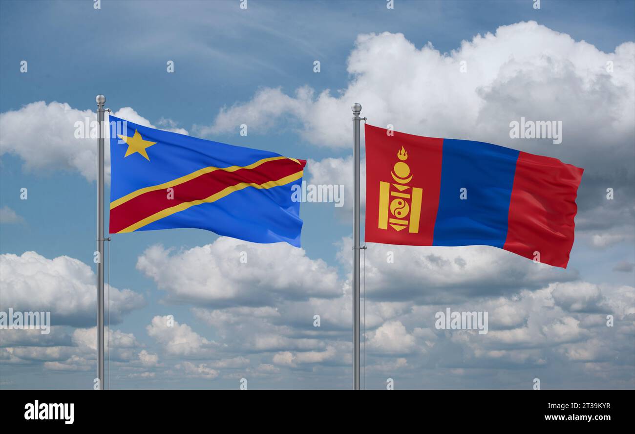 Mongolia and Congo or Congo-Kinshasa flags waving together in the wind ...