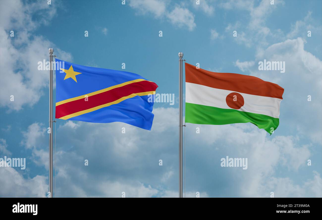 Niger and Congo or Congo-Kinshasa flags waving together on blue cloudy ...