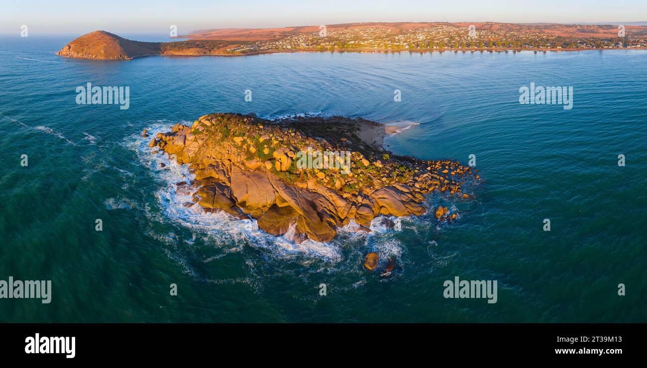 Aerial panorama of rocky Wright Island in Encounter Bay at Victor ...