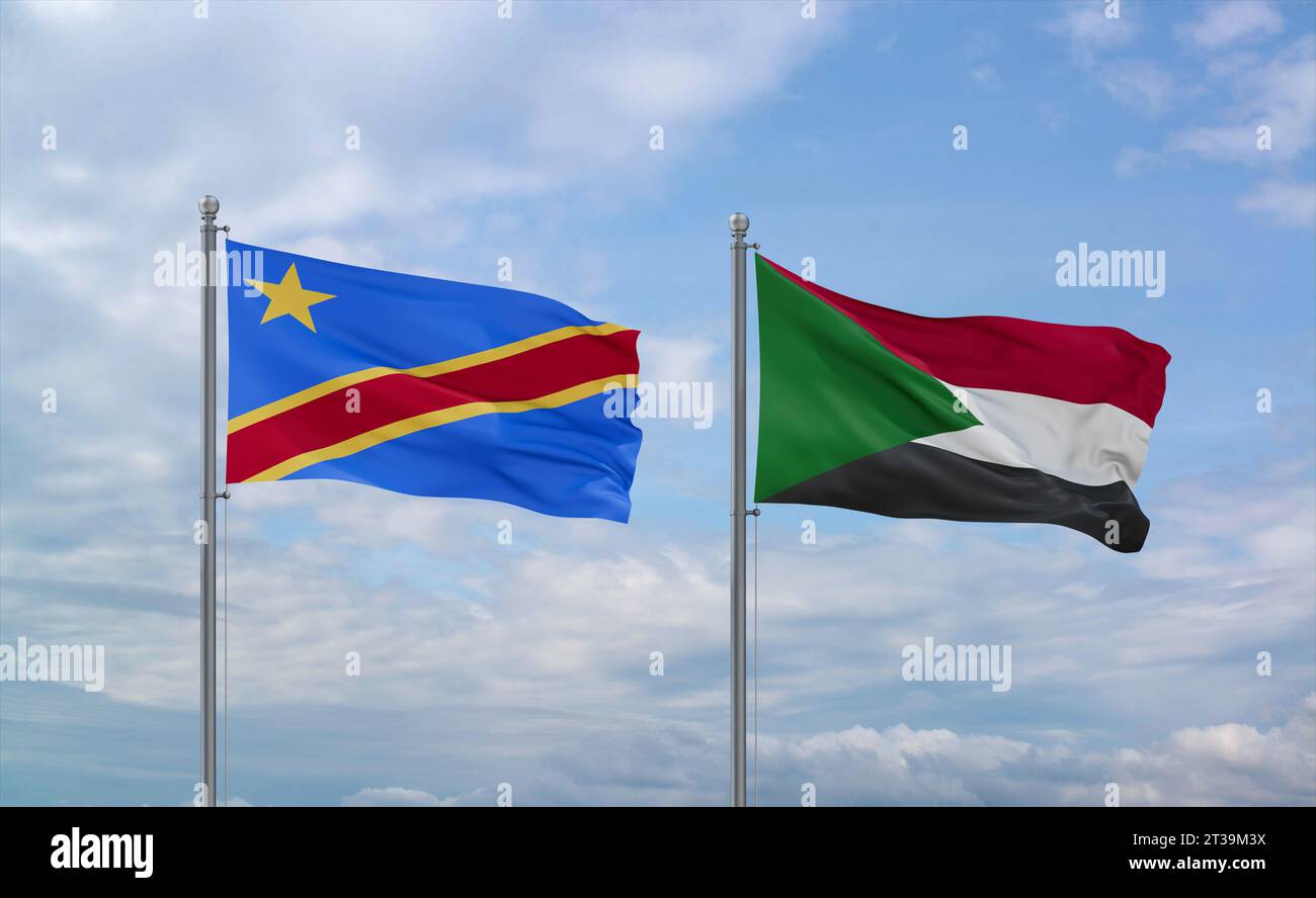 Sudan and Congo or Congo-Kinshasa flags waving together in the wind on ...