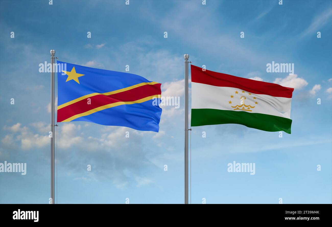 Tajikistan and Congo or Congo-Kinshasa flags waving together in the ...