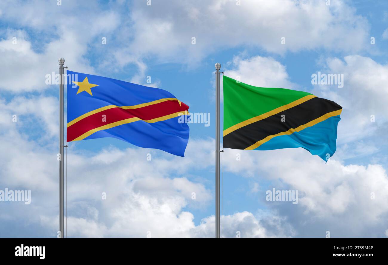 Tanzania and Congo or Congo-Kinshasa flags waving together in the wind ...