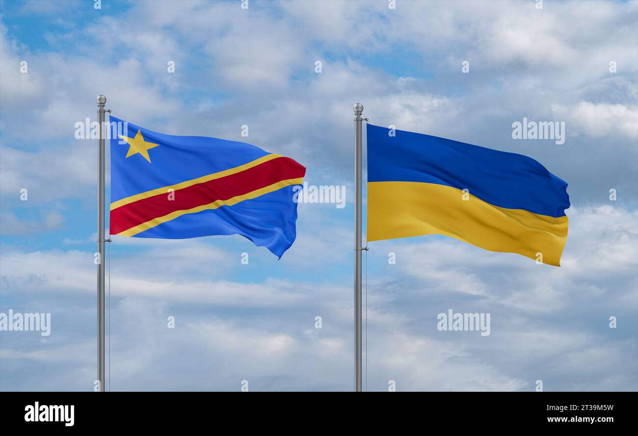 Ukraine and Congo or Congo-Kinshasa flags waving together in the wind ...