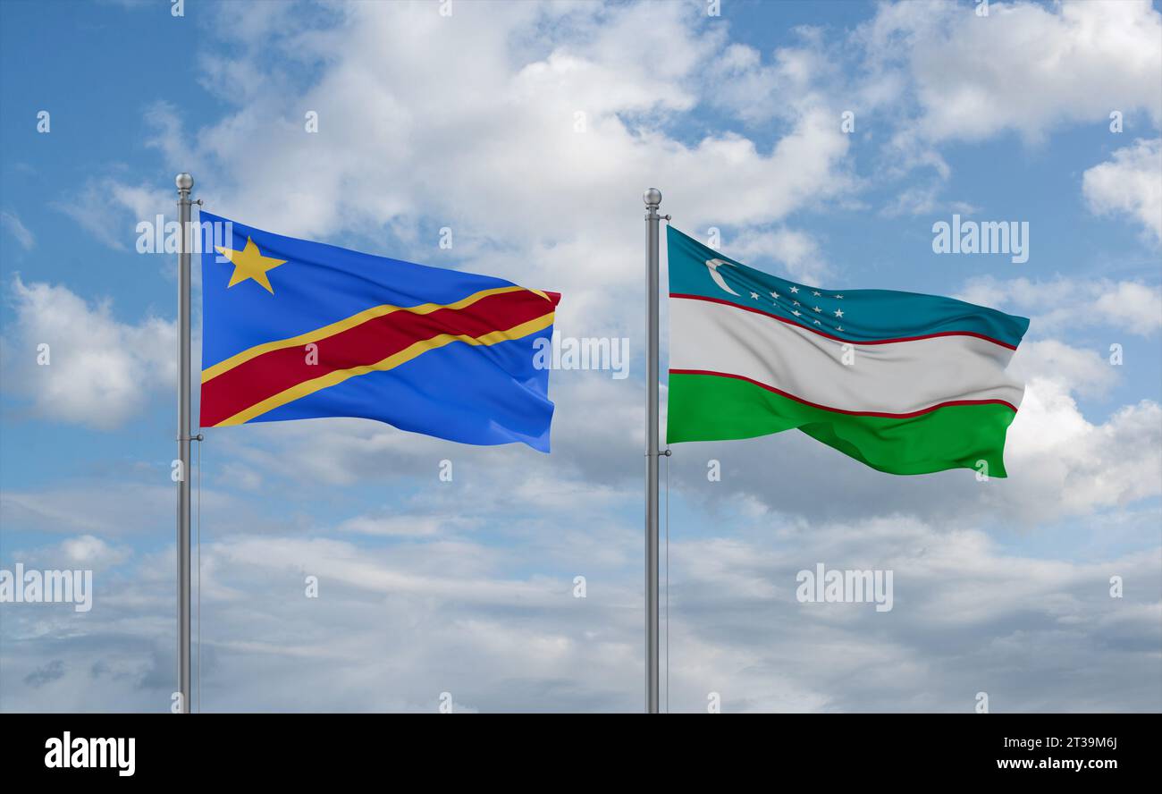 Republic of Uzbekistan and Congo or Congo-Kinshasa flags waving ...