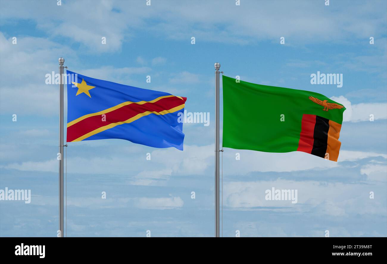 Zambia and Congo or Congo-Kinshasa flags waving together in the wind on ...