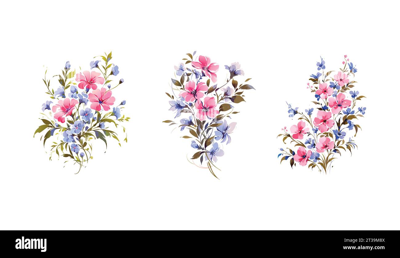 Watercolor blue and pink wild flowers set vector template Stock Vector ...