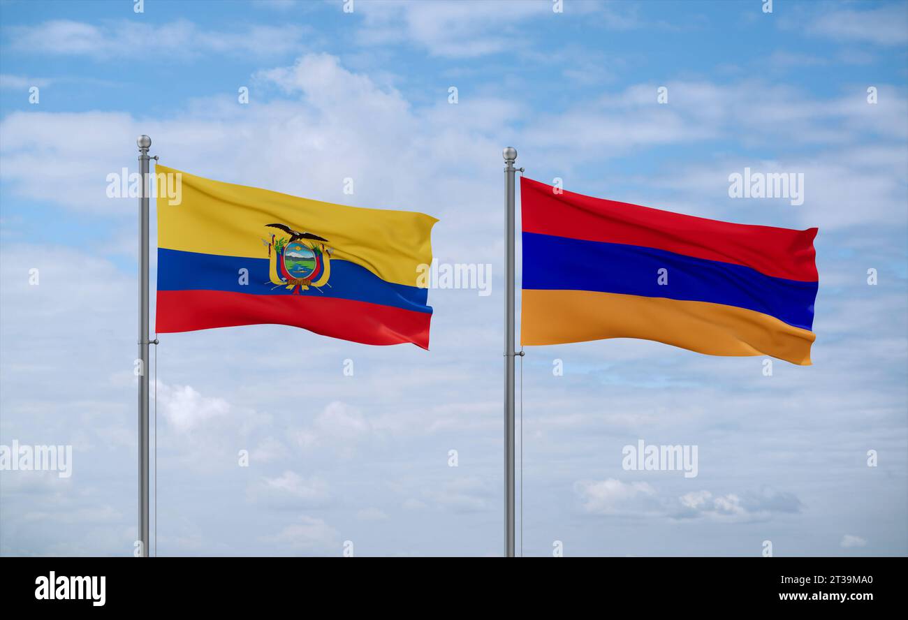 Armenia and Ecuador flags waving together in the wind on blue cloudy ...