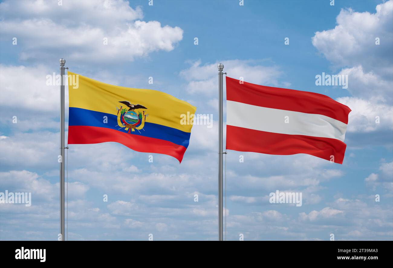 Austria and Ecuador flags waving together on blue cloudy sky, two ...