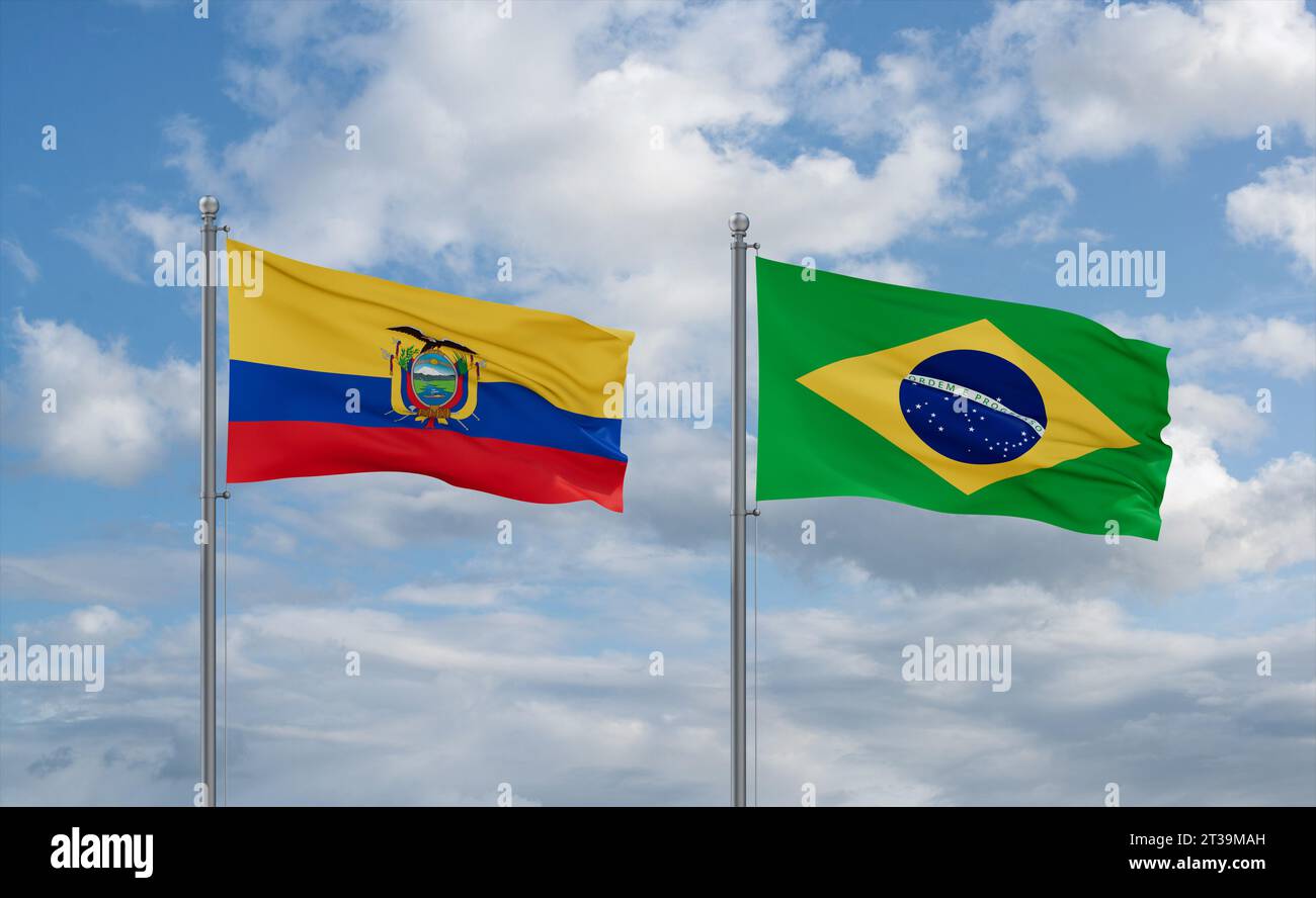 Brazil and Ecuador flags waving together on blue cloudy sky, two ...