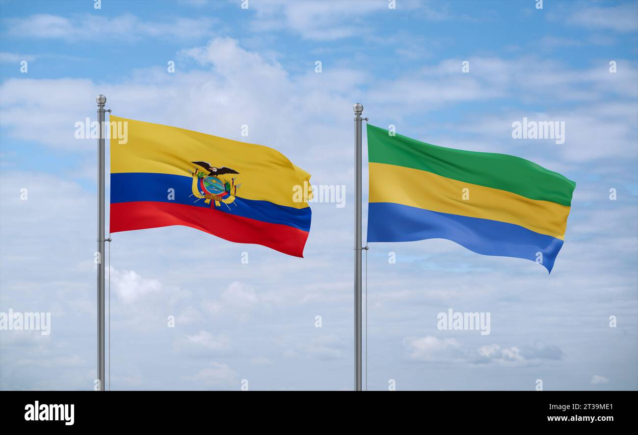 Gabon and Ecuador flags waving together on blue cloudy sky, two country relationship concept ...