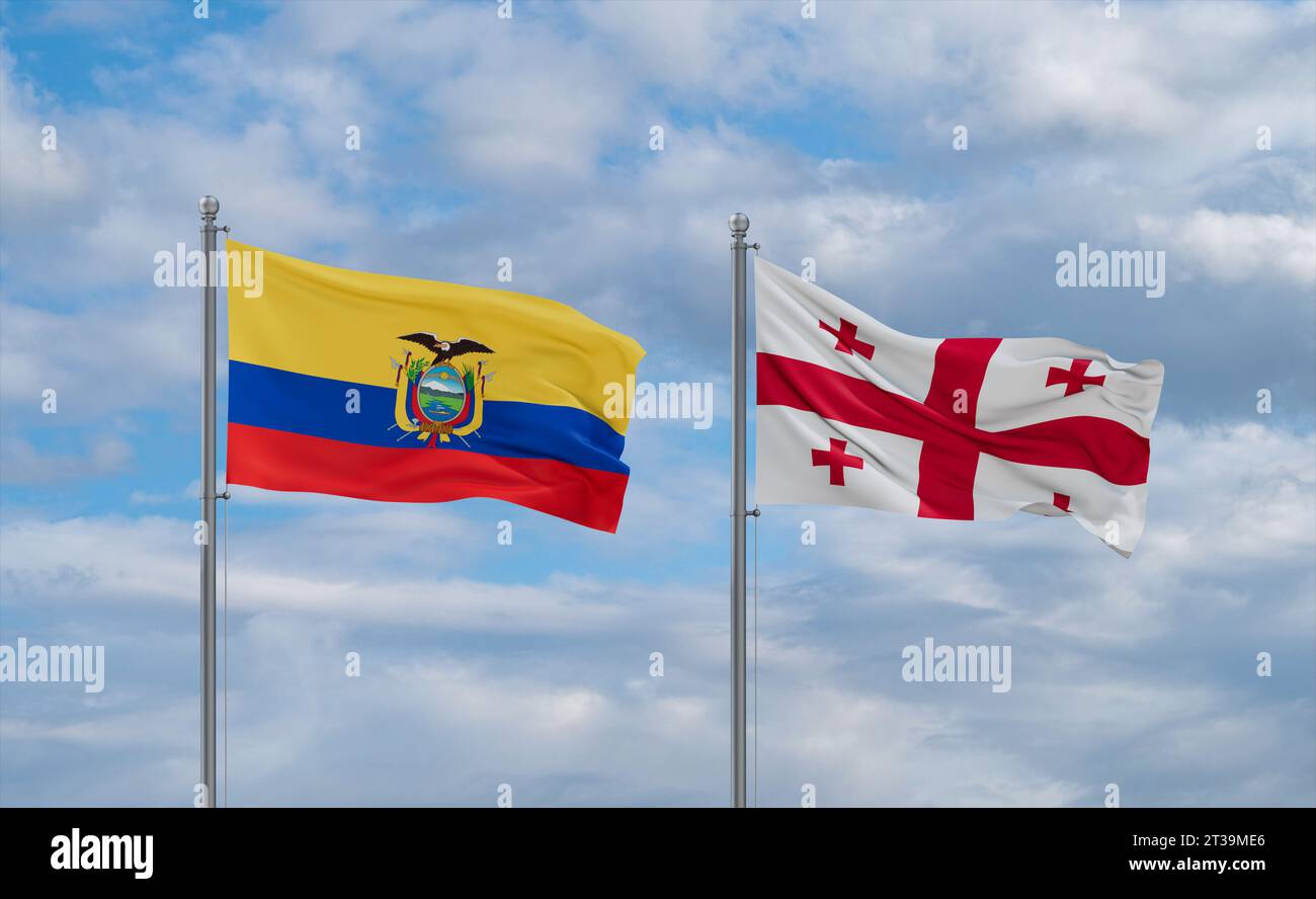 Georgia and Ecuador flags waving together on blue cloudy sky, two country relationship concept ...