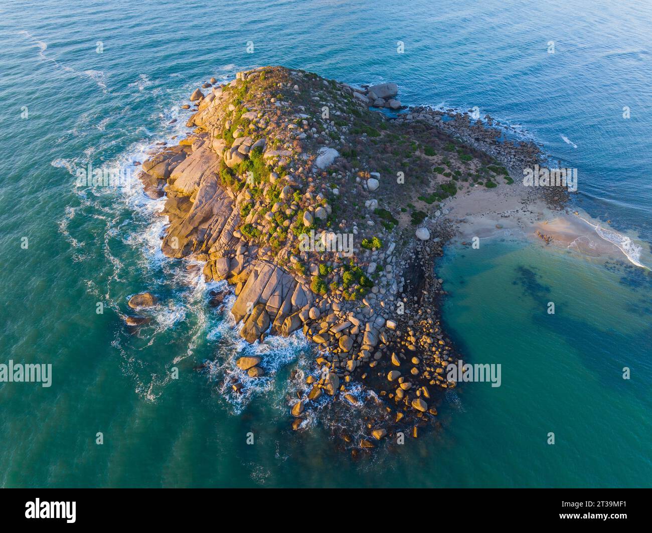 Aerial view of rocky Wright Island in Encounter Bay at Victor Harbour ...