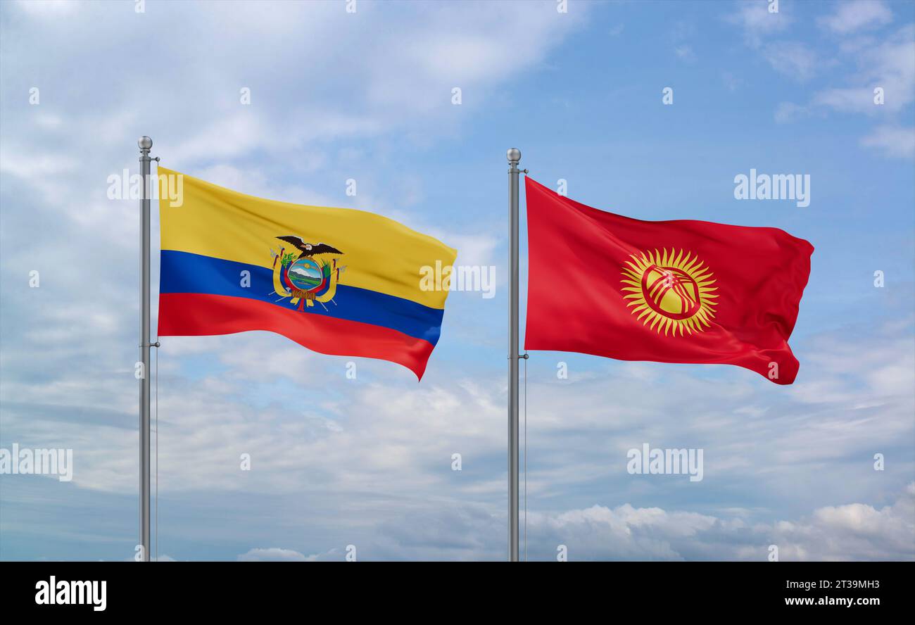 Kyrgyzstan and Ecuador flags waving together on blue cloudy sky, two ...