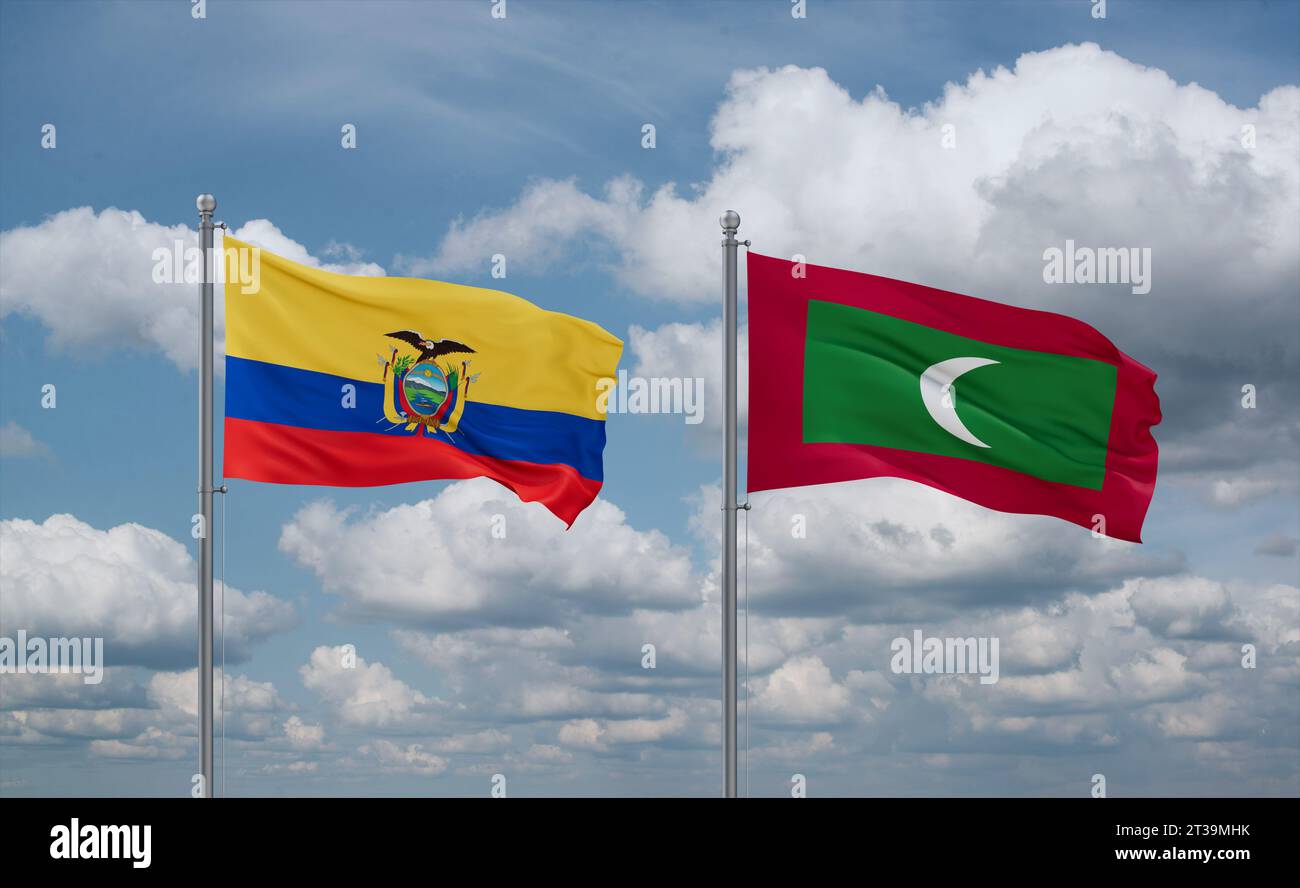 Maldives and Ecuador flags waving together on blue cloudy sky, two country relationship concept ...