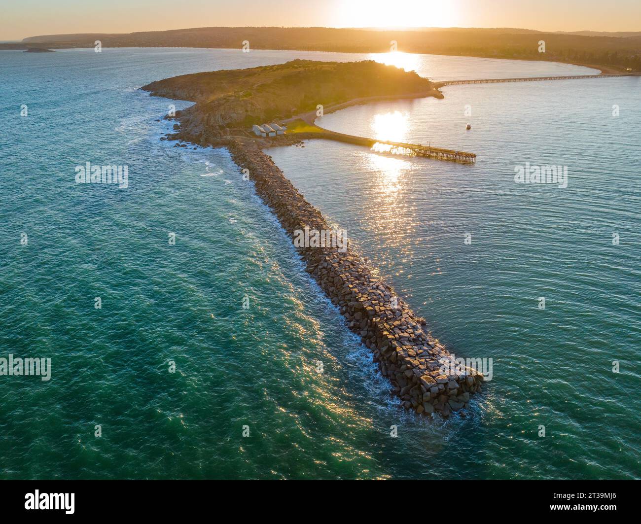 Aerial view of a rock breakwater on Granite Island at Victor Harbour on ...