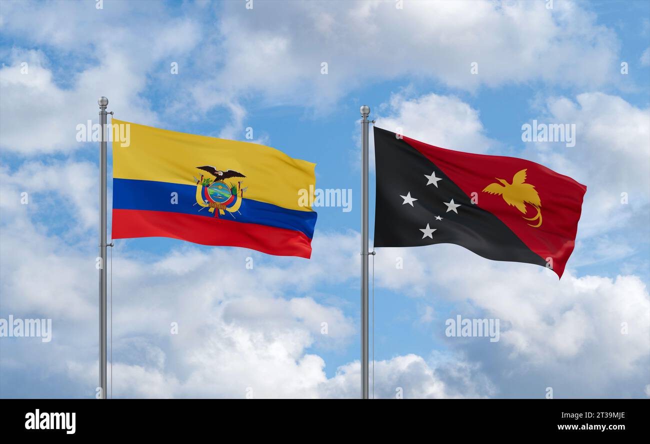 Papua New Guinea and Ecuador flags waving together on blue cloudy sky ...