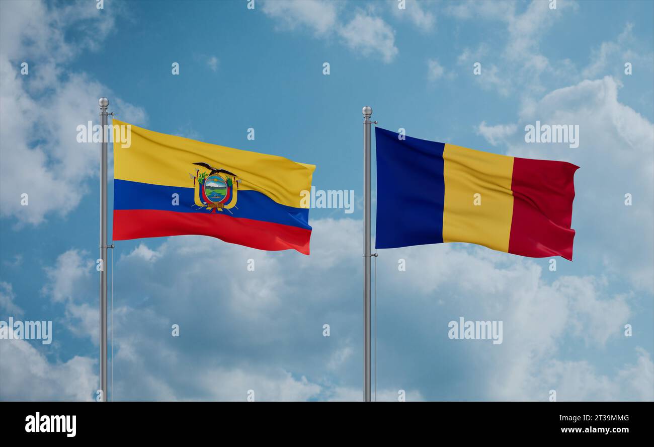 Romania and Ecuador flags waving together in the wind on blue cloudy ...