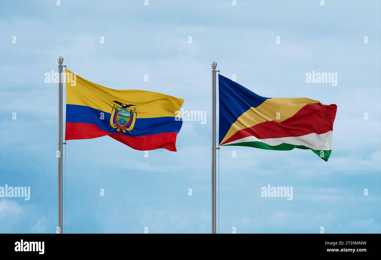 Seychelles and Ecuador flags waving together in the wind on blue cloudy sky, two country ...