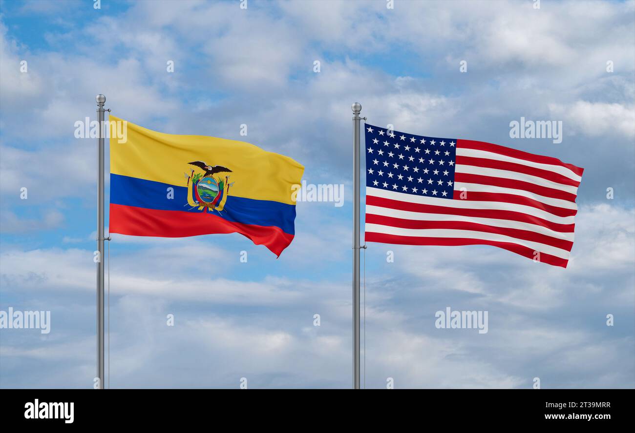 USA and Ecuador flags waving together in the wind on blue cloudy sky ...