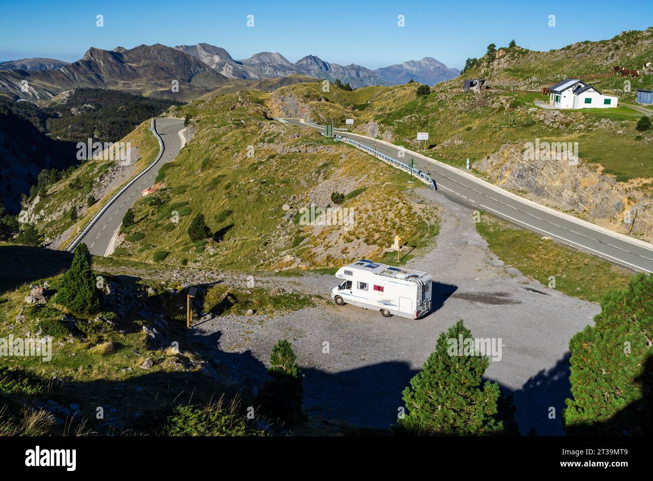 car caravan in Ernaz pass or the Piedra de San Martín (1,760 m ...