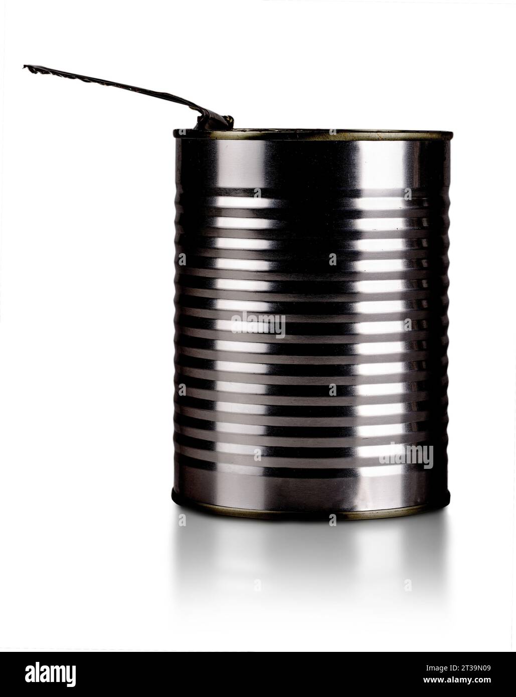 The Opened empty iron black tin can on a white background Stock Photo ...