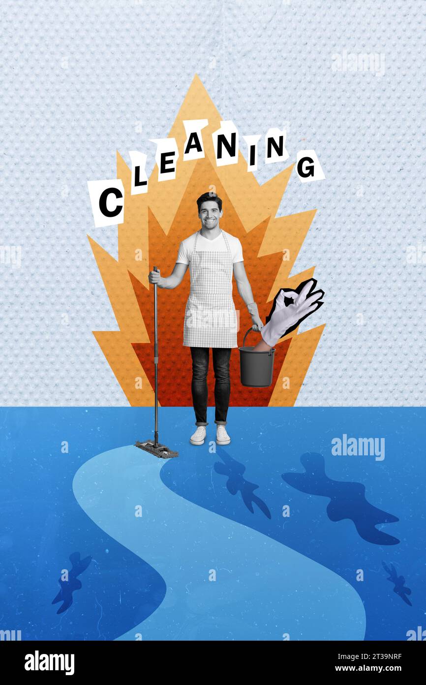 Creative collage photo of young happy guy love his wife need clean ...