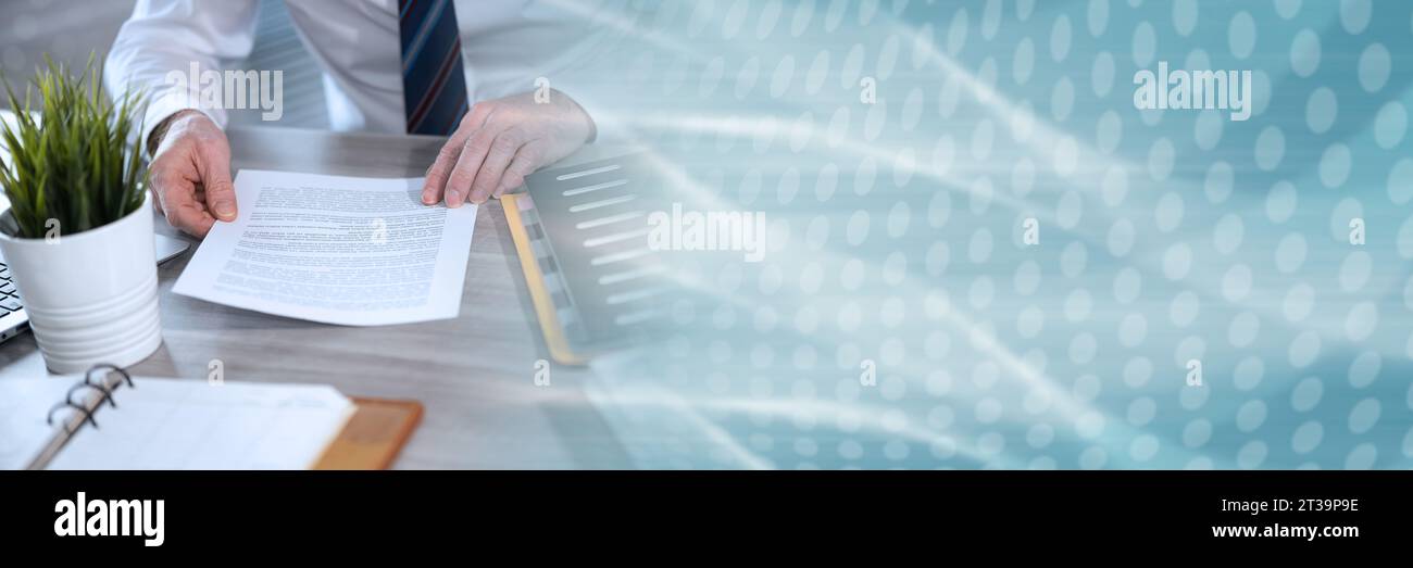 Hands of businessman checking document; panoramic banner Stock Photo ...
