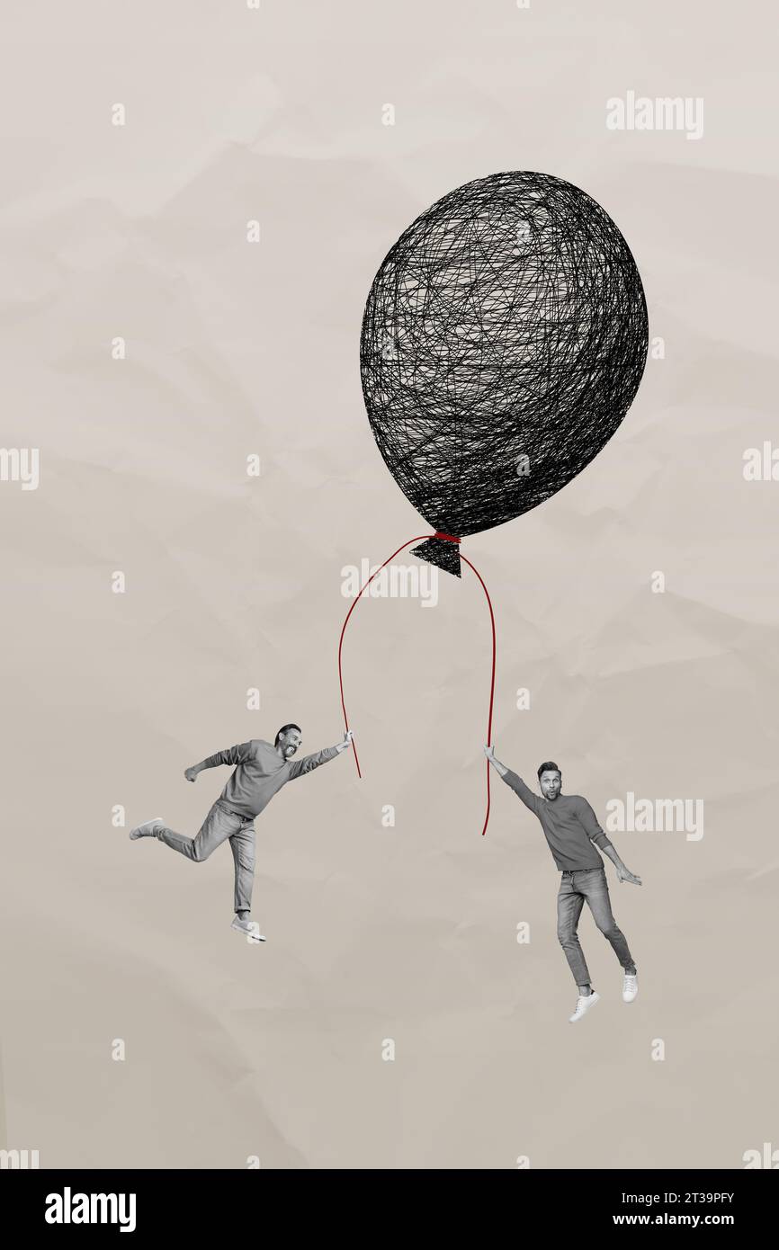 Vertical collage full length body photo of two funky guys positive fly ...