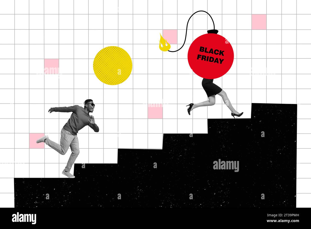 Contemporary collage of running guy escaping dynamite headless girl ...